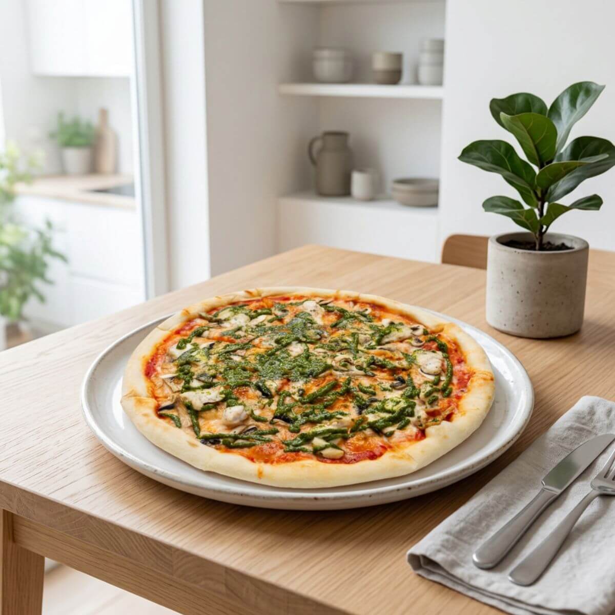 Kylling pesto pizza i airfryer – sprød bund på 10 min